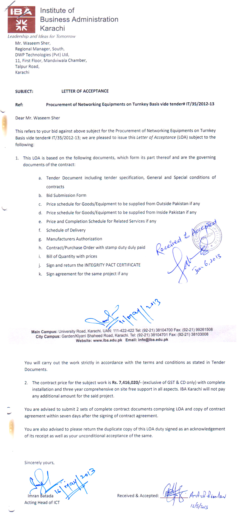 Letter of Acceptance